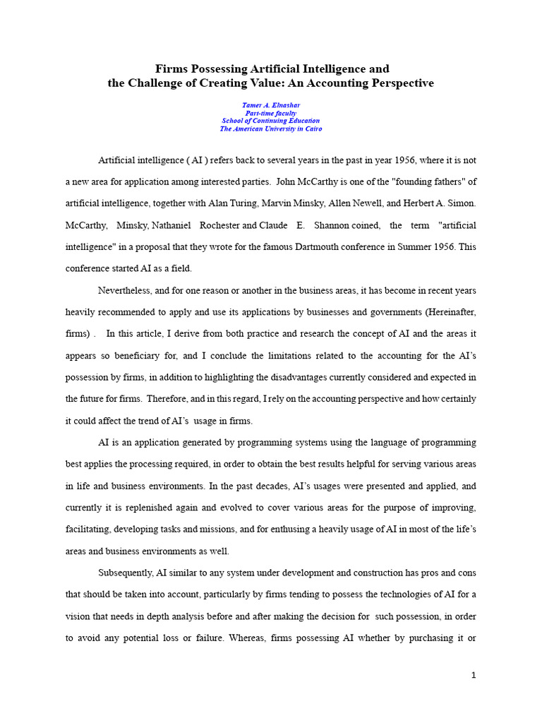 Artificial Intelligence and The Challenge of Creating Value: An Accounting Perspective Final ...
