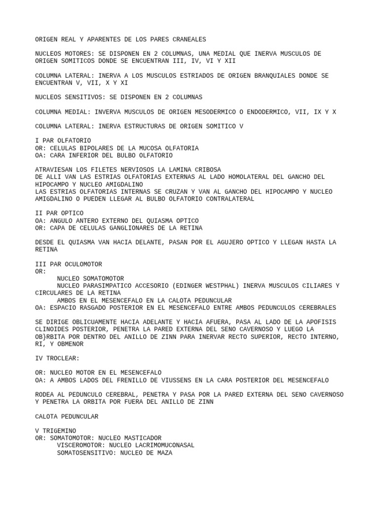 Origen Real Y Aparentes De Los Pares Craneales Pdf Anatomía