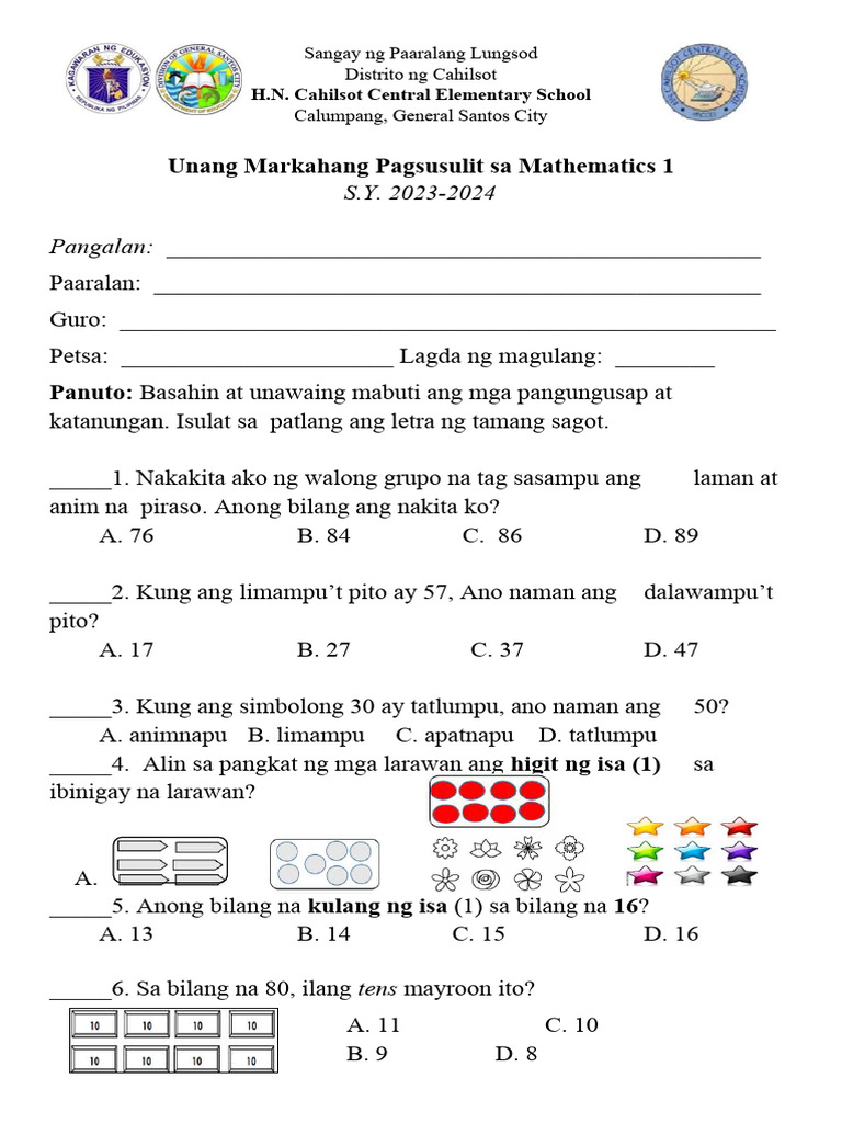 1st Periodical Test in Math 2023 2024 | PDF