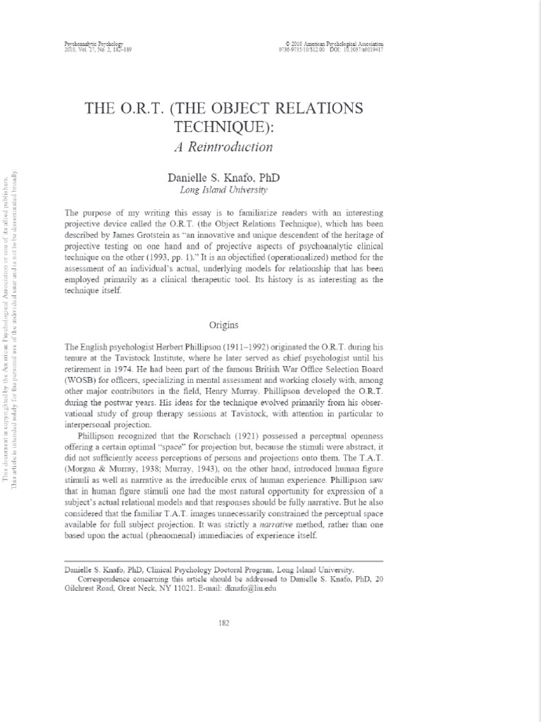The O.R.T. (The Object Relations Technique) - A Reintroduction | PDF