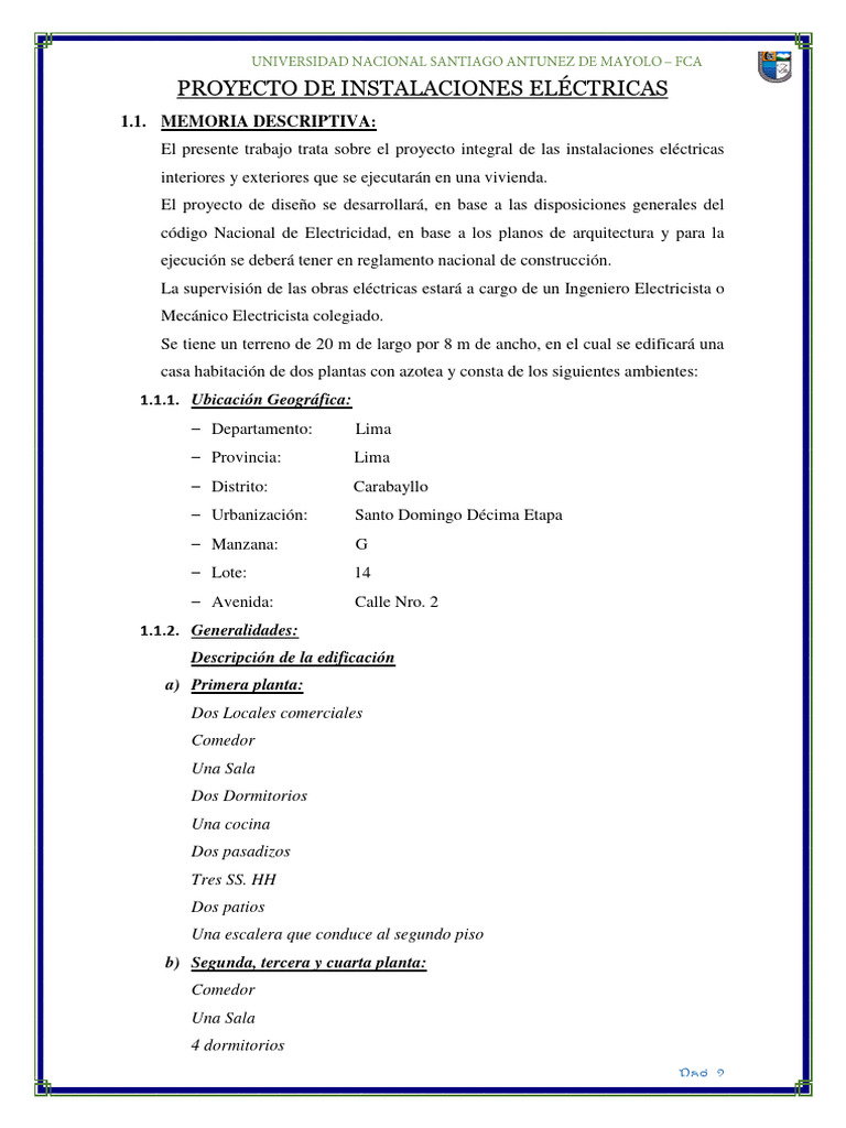 Modelo Proyecto de Instalaciones Electricas Residenciales | PDF | Corriente eléctrica | Enchufes ...