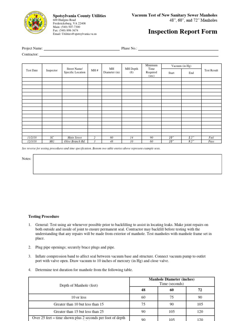 Vacuum Manhole Test of New Sanitary Sewer Manholes | PDF | Gases ...