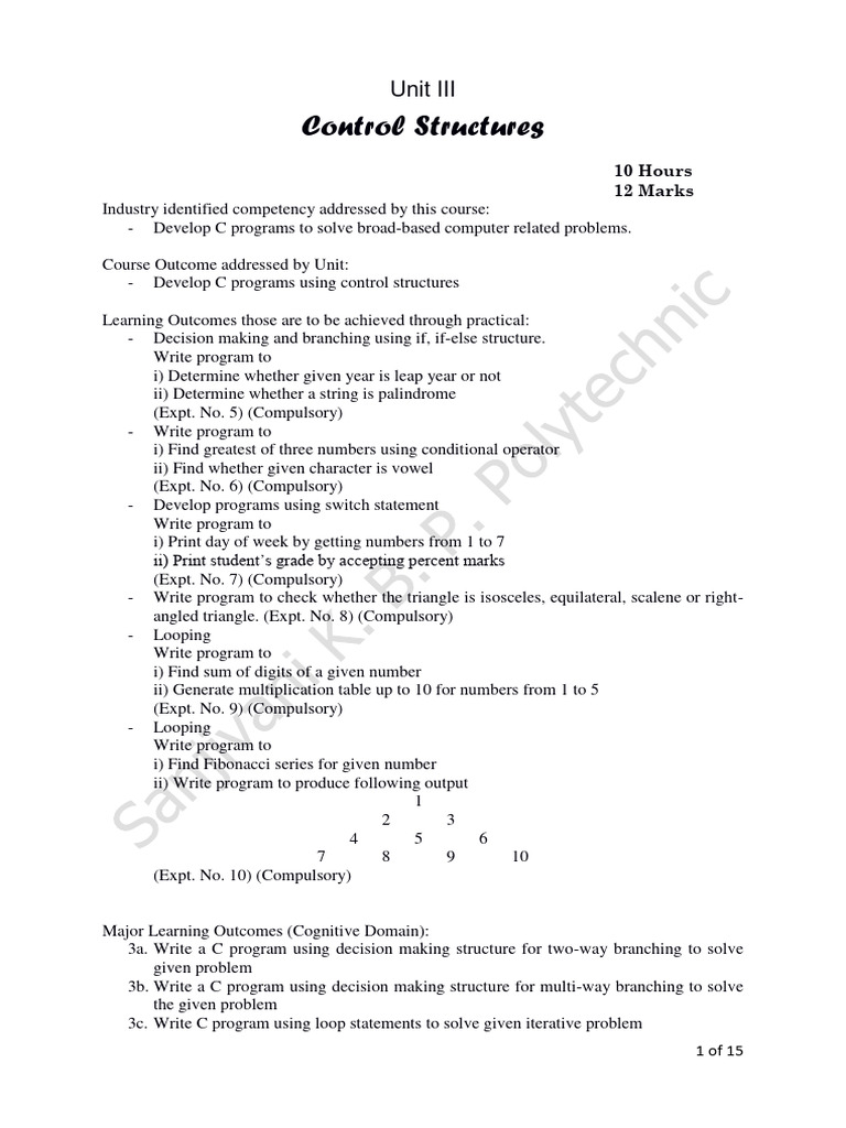 Unit III Control Structures | PDF | Control Flow | Computer Programming Unit III Control Structures | PDF | Control Flow | Computer Programming