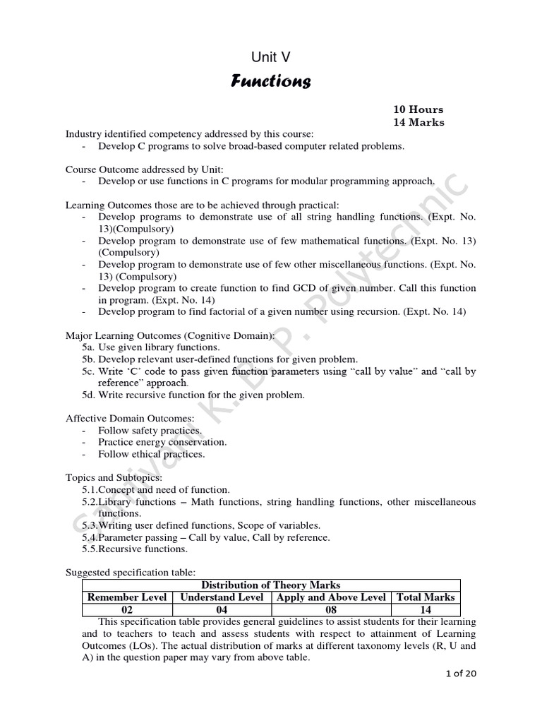 Unit V Functions Pdf Parameter Computer Programming String Computer Science