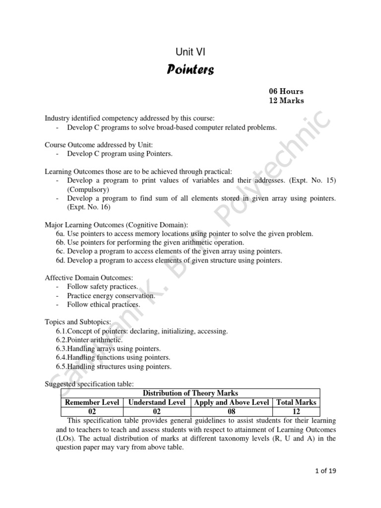 Unit Vi Pointers Pdf Pointer Computer Programming Variable Computer Science