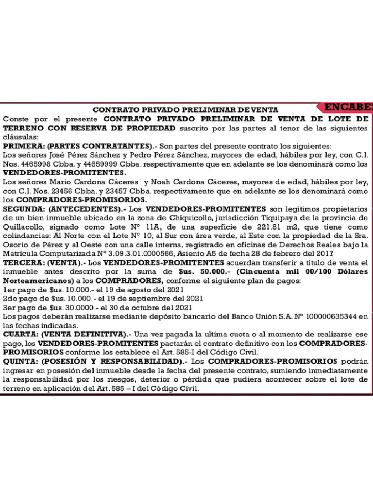 CONTRATO PRELIMINAR DE VENTA | PDF