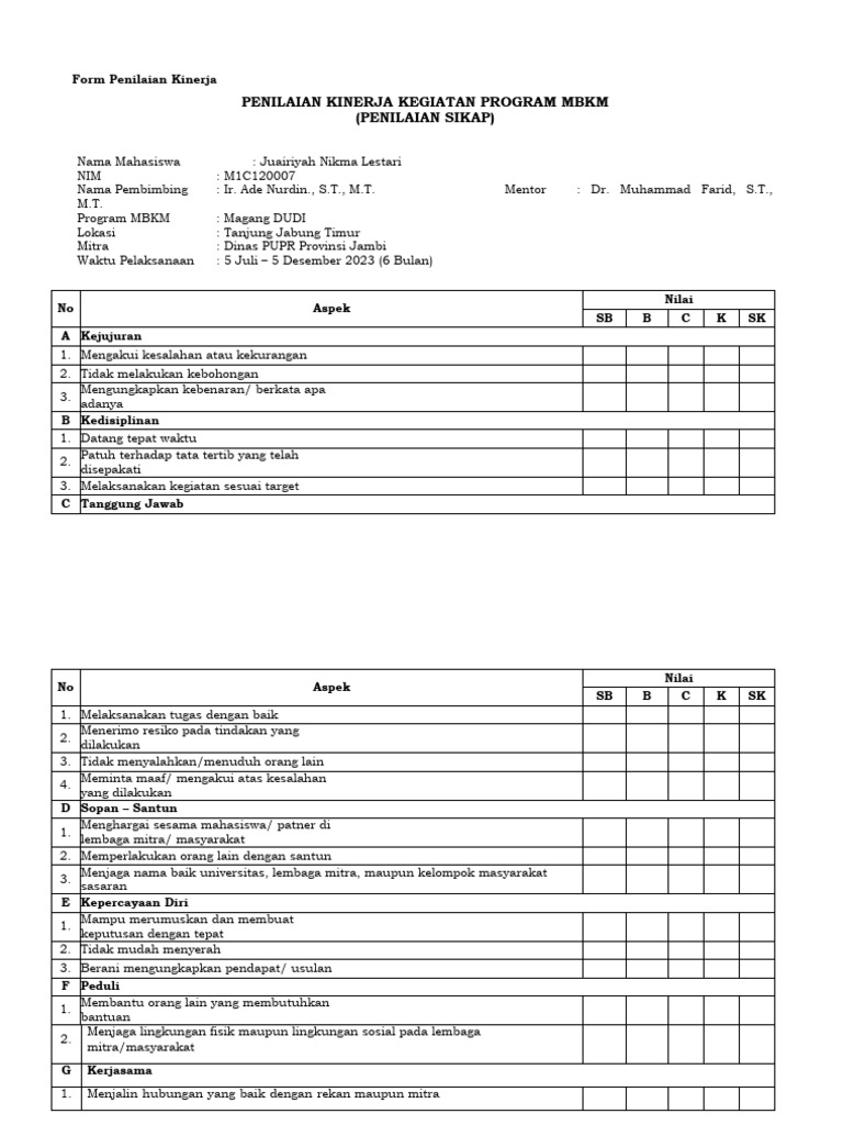 Form Penilaian Kinerja | PDF