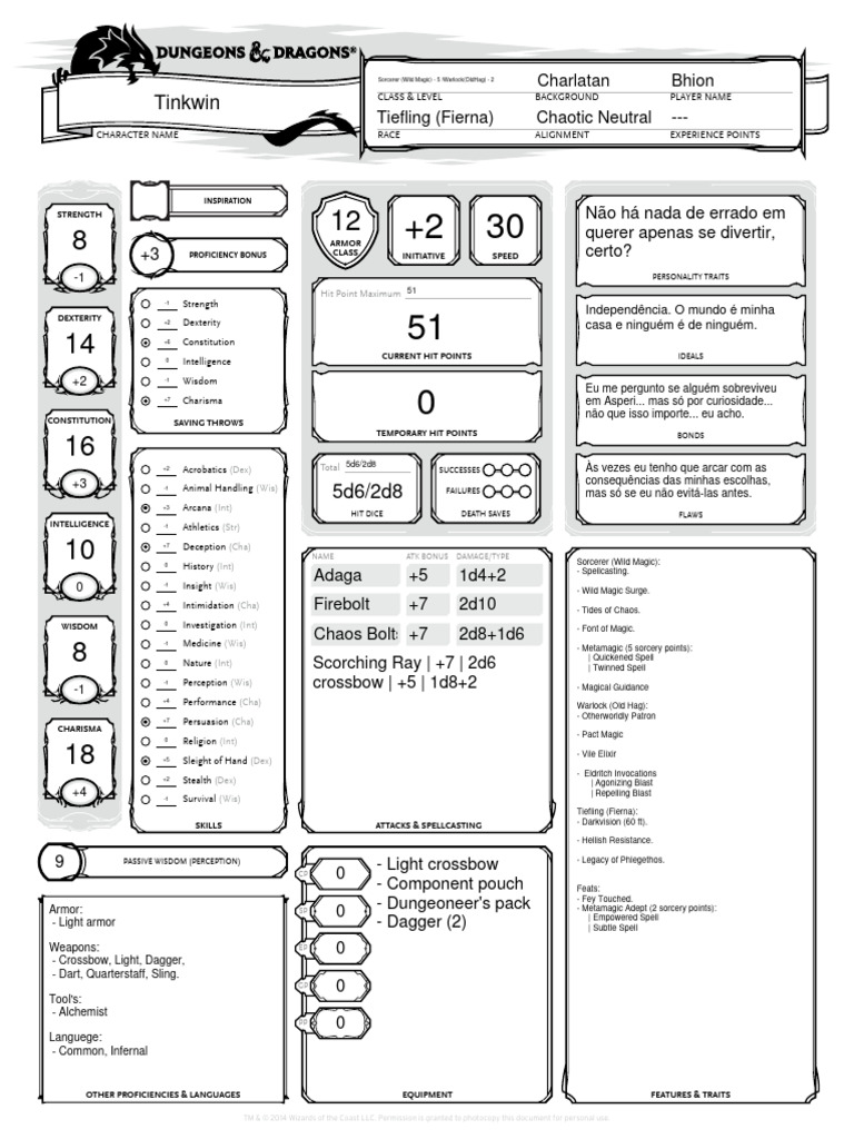 Tinkwin_Ficha (Multiclass) | PDF | Role Playing Games | Fantasy