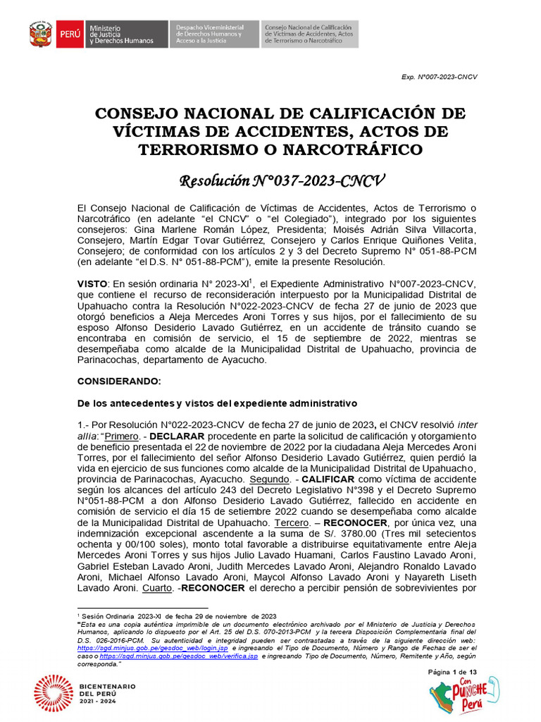 RESOLUCION 037-2023-CNCV DEL EXP 07-2023-CNCV-signed | PDF | Debido al proceso | Convenio ...