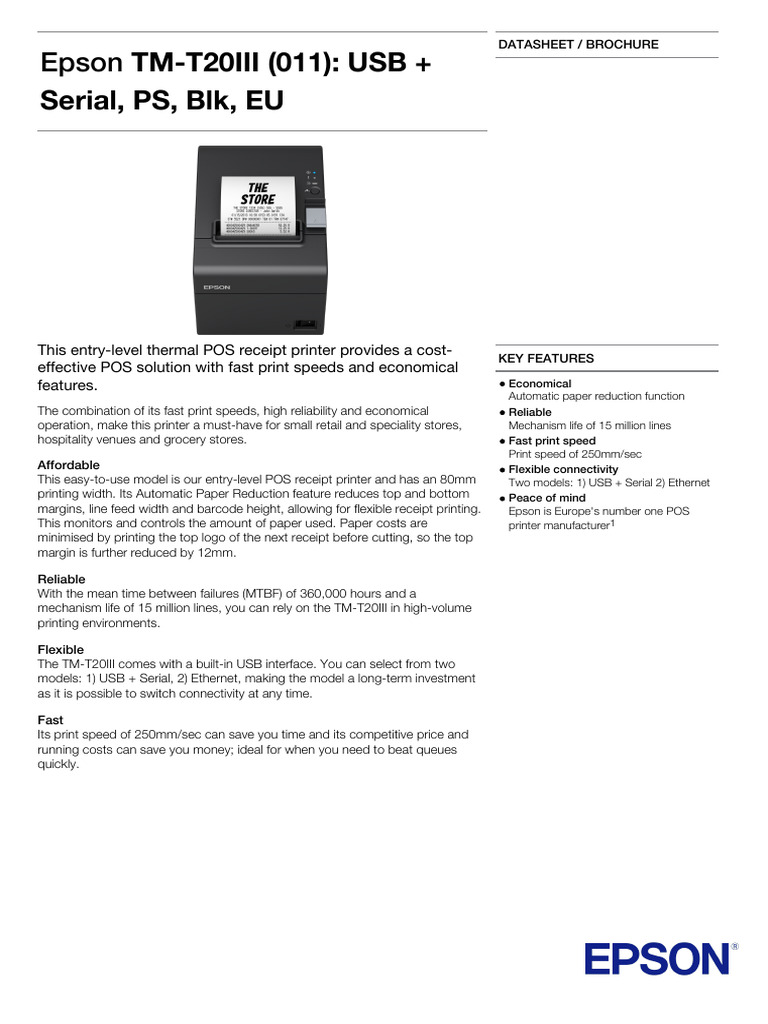 Epson TM T20iii 011 Usb Serial Ps BLK Eu Datasheet | PDF | Printer (Computing) | Point Of Sale