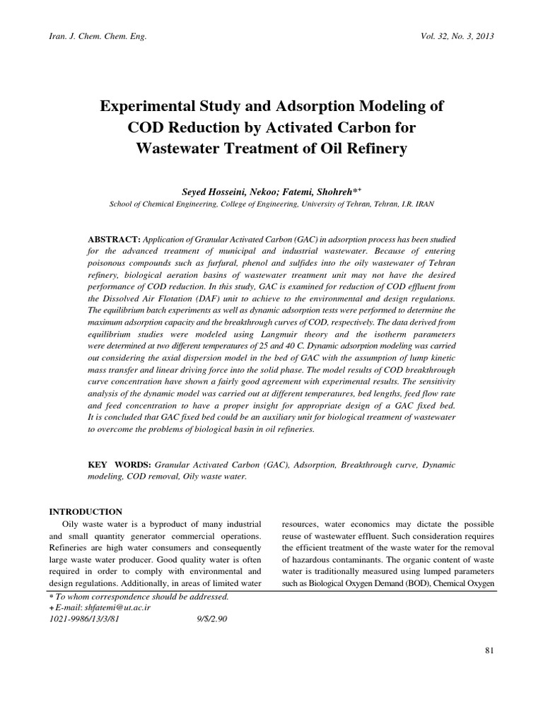 Experimental Study and Adsorption Modeling of COD Reduction by ...