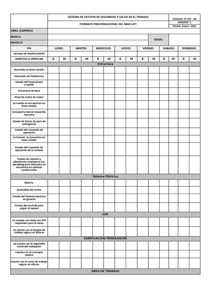 FT-SST-90 Formato Preoperacional Manlift | PDF