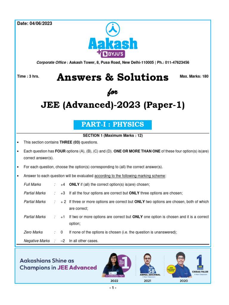 Answers Solutions JEE Advanced 2023 Paper 1 | PDF | Refraction ...