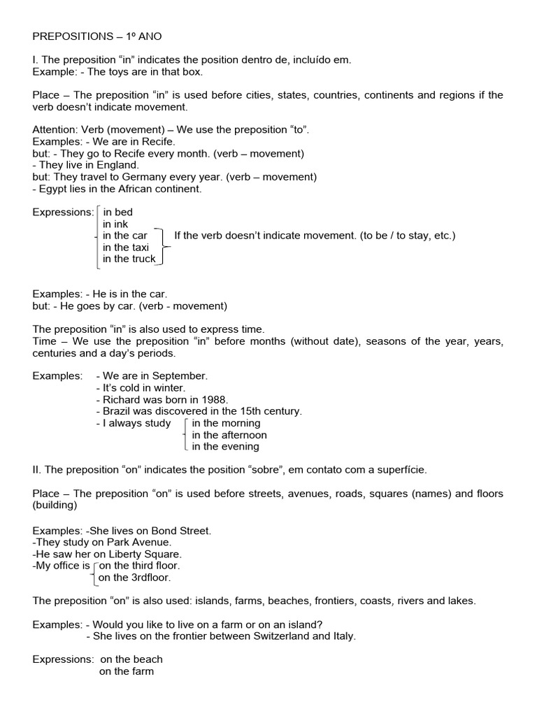 Ficha Prepositions 1º Ano | PDF | Linguistics