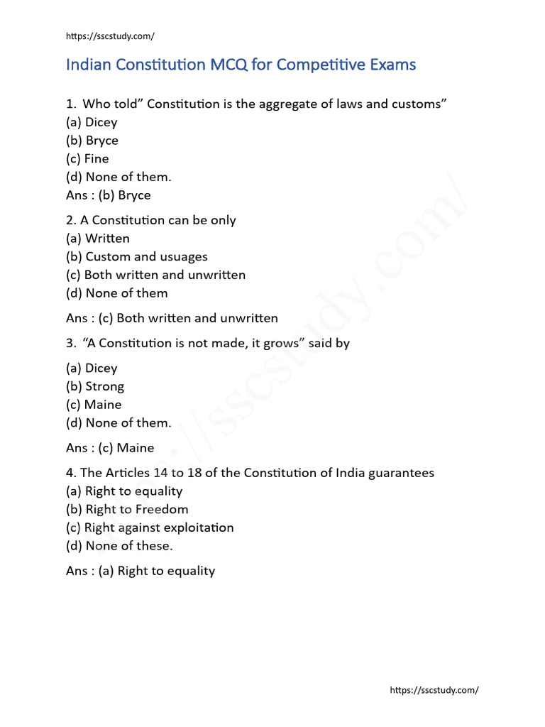 Indian Constitution MCQ (Sscstudy - Com) | PDF | Bill (Law) | Government Of India