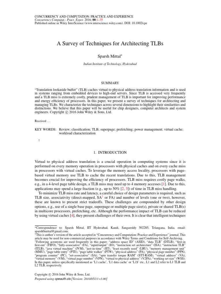 A Survey of Techniques For Architecting TLBS: Sparsh Mittal | PDF | Cpu Cache | Computer Data