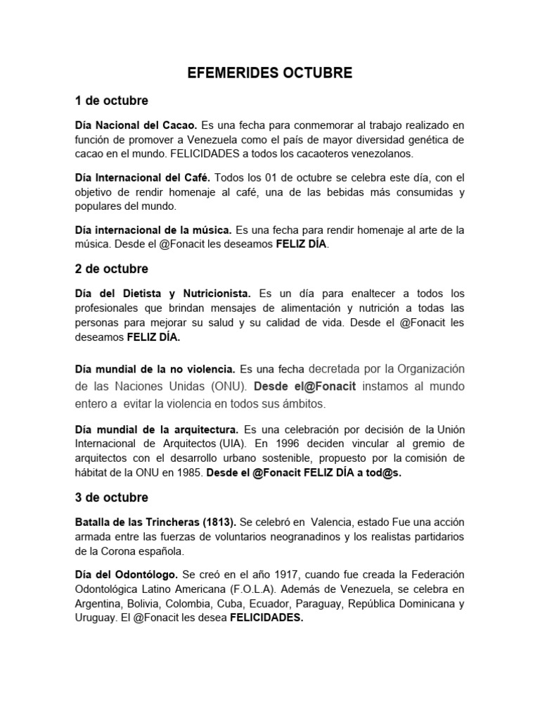 Efemerides Octubre | PDF | Venezuela