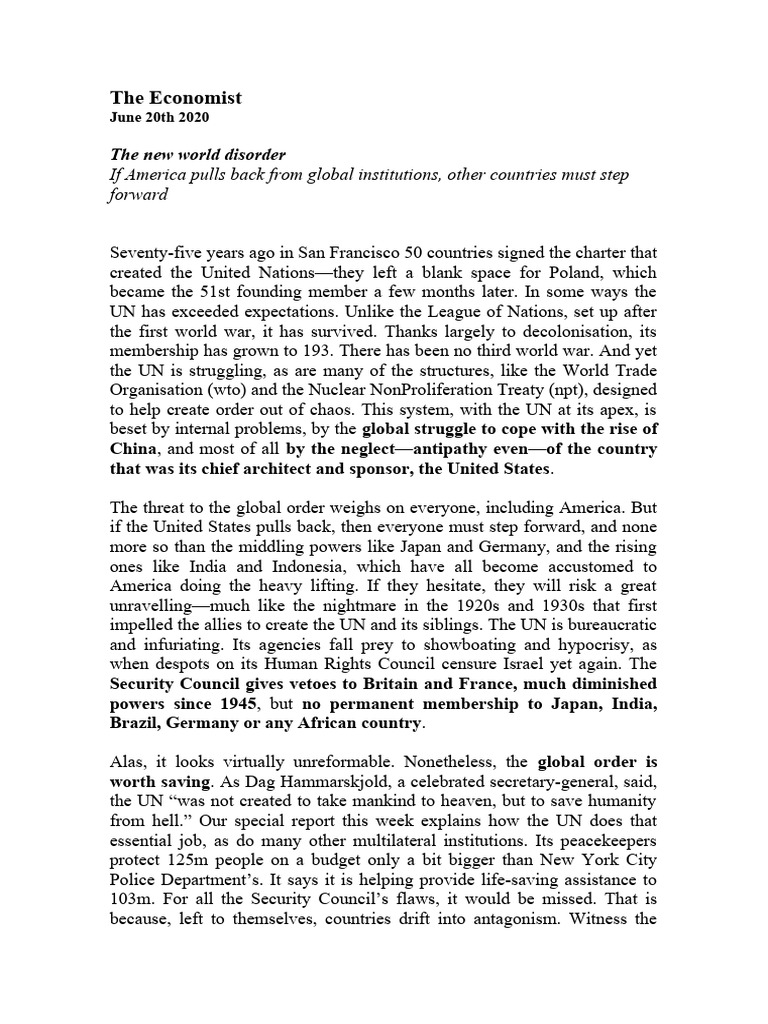The New World Disorder, The Economist 20 Junio 2020 | PDF | United ...