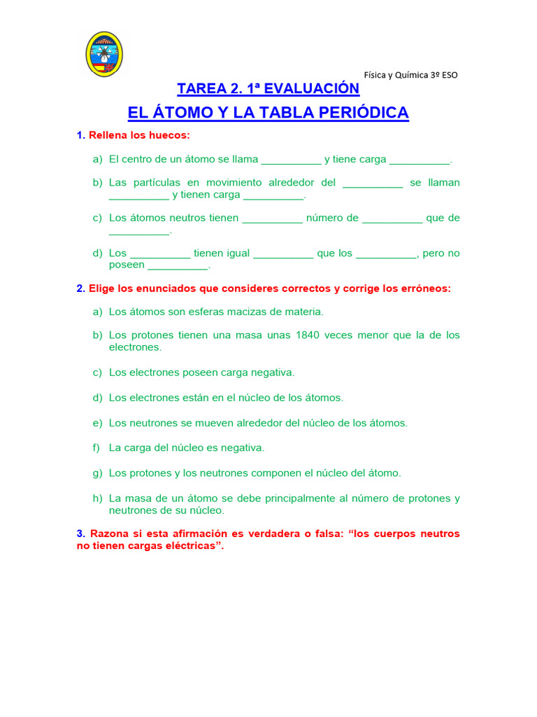 Átomo y Tabla Periódica: Ejercicios ESO | PDF | Átomos | Núcleo atómico
