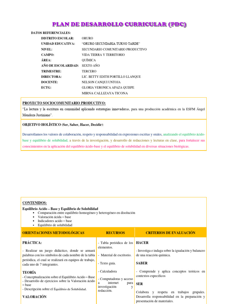 PLAN DE DESARROLLO CURRICULAR | PDF | Evaluación | Equilibrio químico