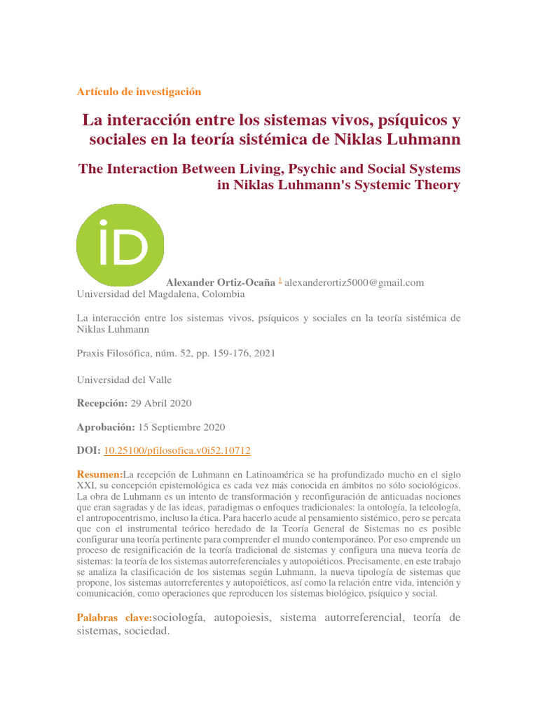 La Interaccion Entre Los Sistemas Vivos, Psíquico y Sociales en La Teoría Sistémica de Niklas ...