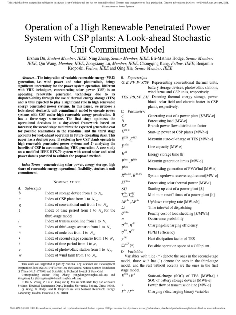 Operation of A High Renewable Penetrated Power System With CSP Plants A Look-Ahead Stochastic ...