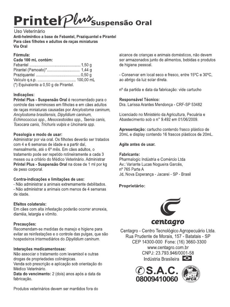 Bula Printel Plus Susp Oral Site Centagro | PDF