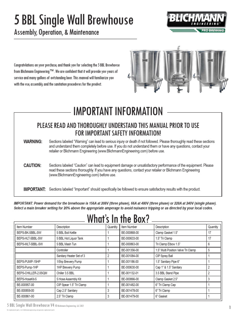 5 BBL Single Walled 3 Vessel Manual V4 | PDF | Brewing | Brewery