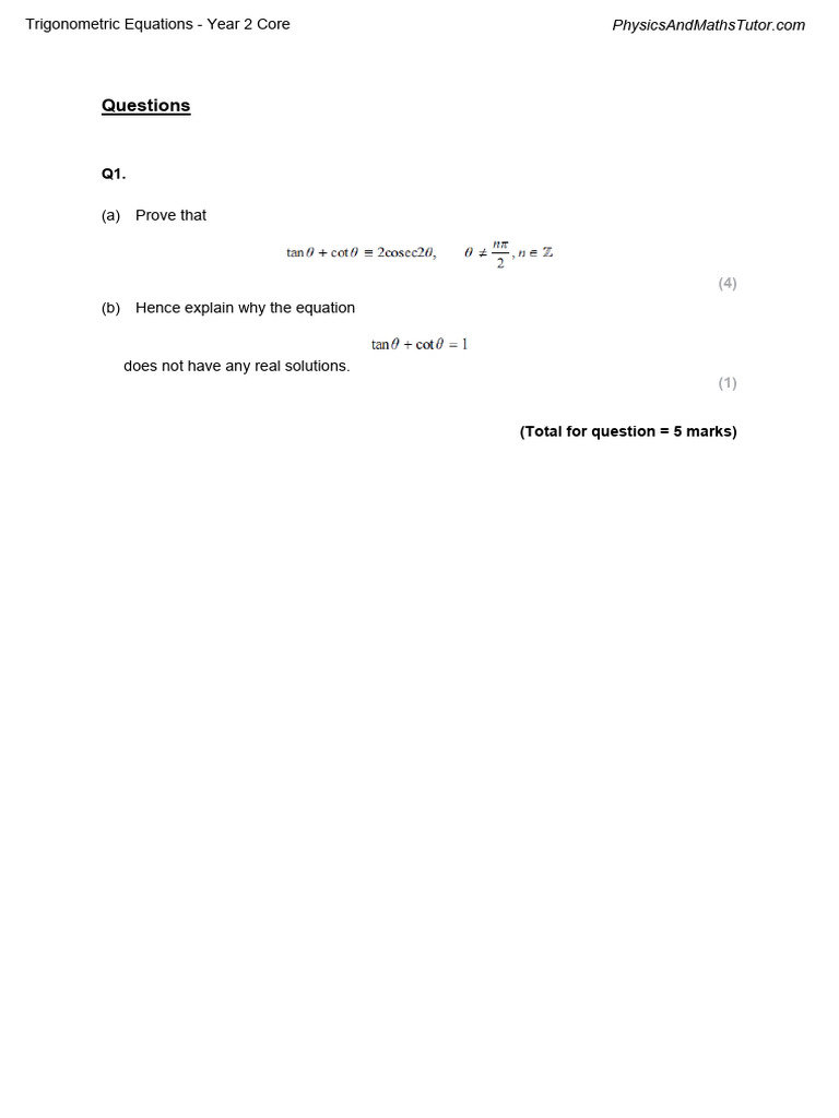 Trigonometric Equations Practice Questions | PDF | Equations | Applied ...