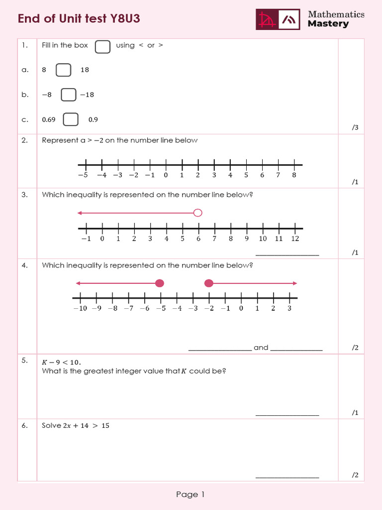 Year 8 Unit 3 Inequality Test | PDF