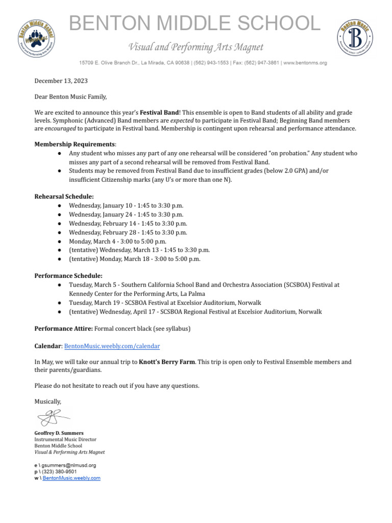 festival band letter 2023-2024 | PDF