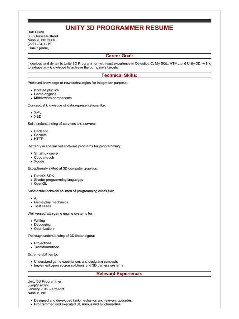 Unity 3D Programmer Resume | PDF | 3 D Computer Graphics | Computer Programming