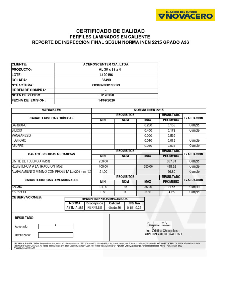 Certificado de Calidad: Perfiles Laminados en Caliente Reporte de Inspección Final Según Norma ...