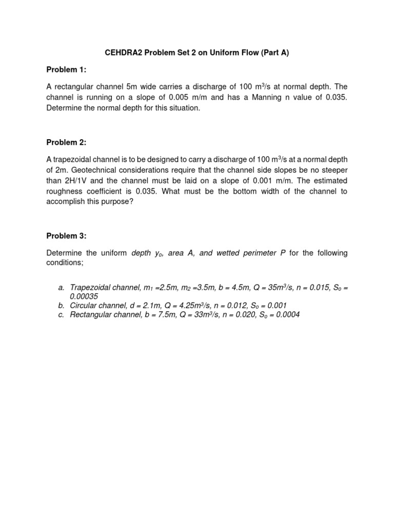 CEHDRA2 Problem Set 2 On Uniform Flow (Part A) | PDF