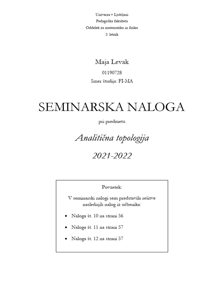 Analitična Topologija (Seminarska Naloga) | PDF