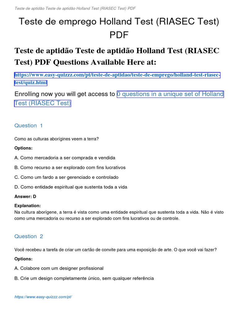 Holland Test Riasec Test | PDF | Riqueza | Tipo de personalidade
