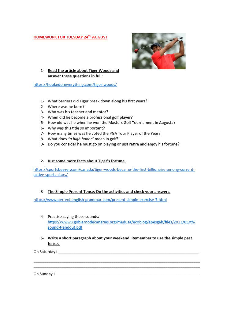 Reading Comp Tigre Woods Plus Activities | PDF