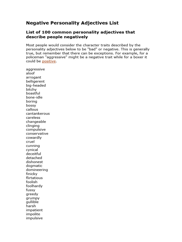 Negative Personality Adjectives List | PDF