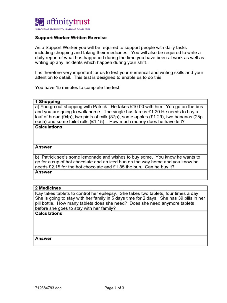 Support Worker Written Exercise Dec14 | PDF