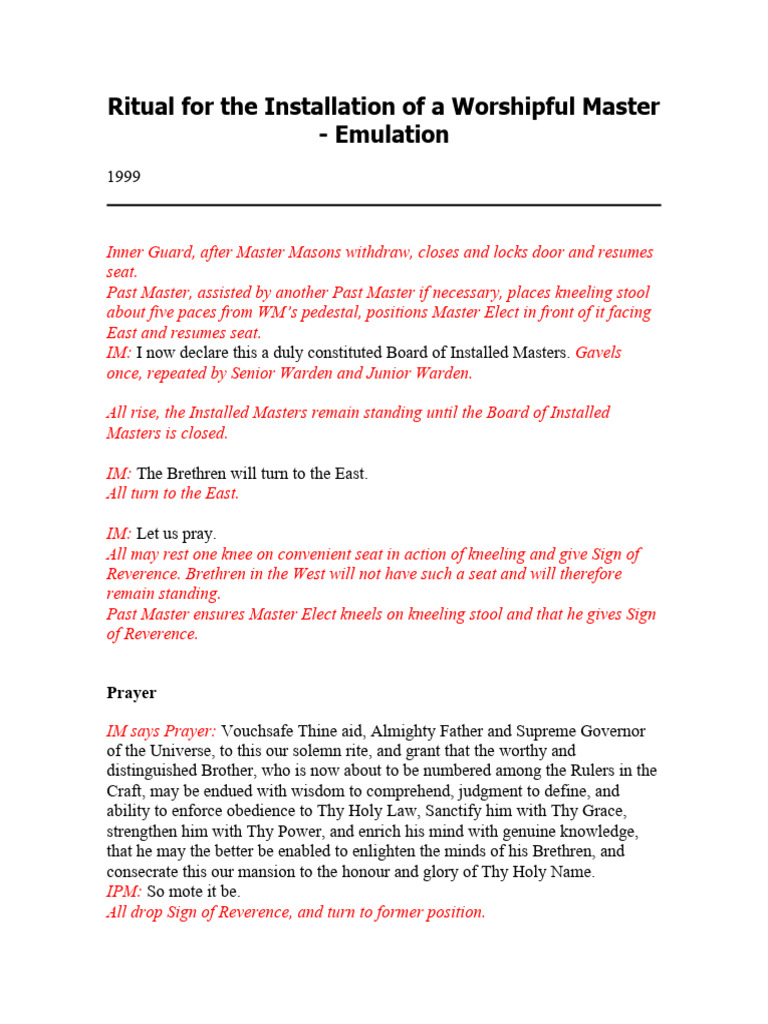 Ritual For The Installation of A Worshipful Master | PDF | Freemasonry