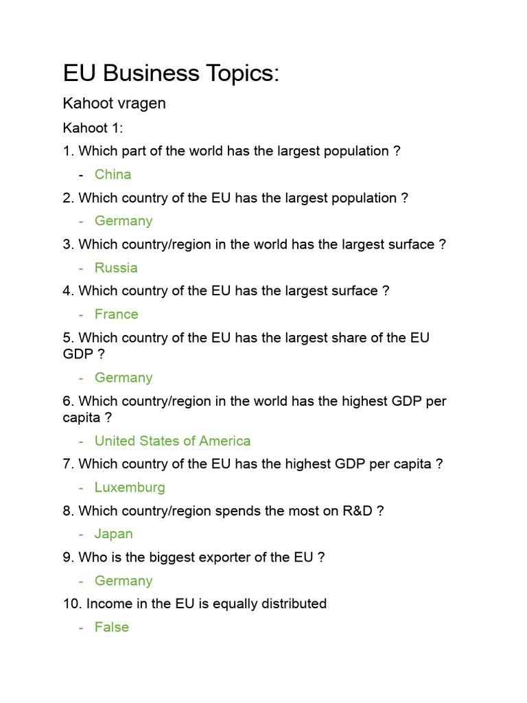 Kahoot Quiz on EU Business Topics | PDF | European Union | Brexit