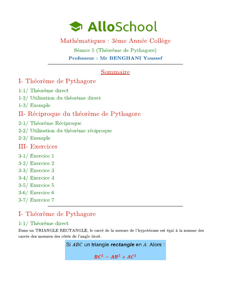Seance 5 Theoreme de Pythagore 1 | PDF