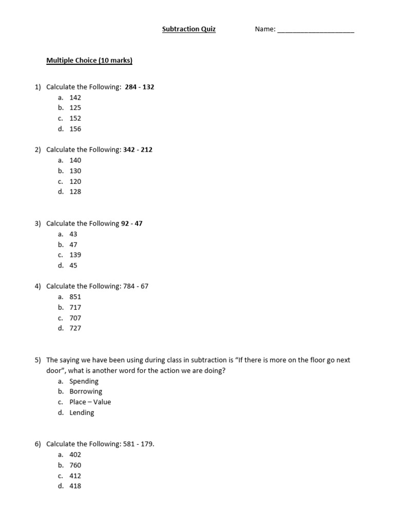 Subtraction Quiz Dec 2023 | PDF