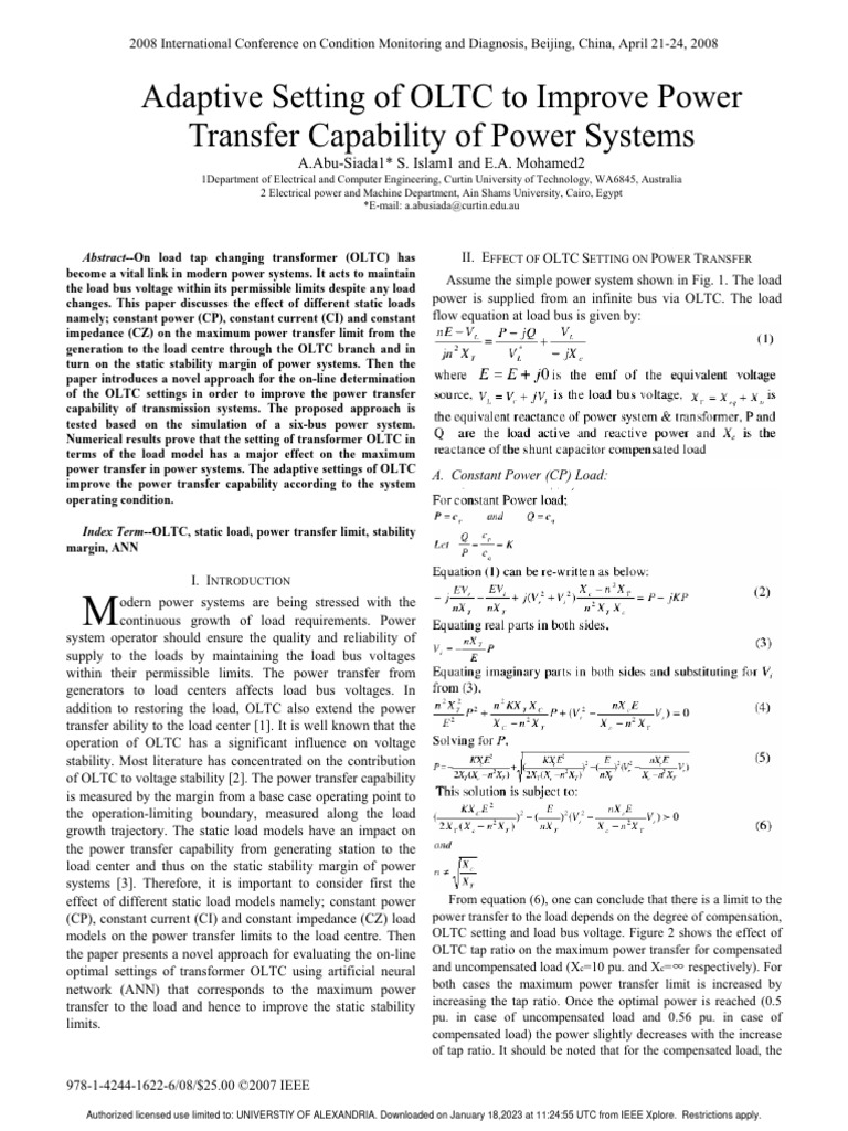 Adaptive Setting of OLTC To Improve Power Transfer Capability of Power Systems | PDF ...