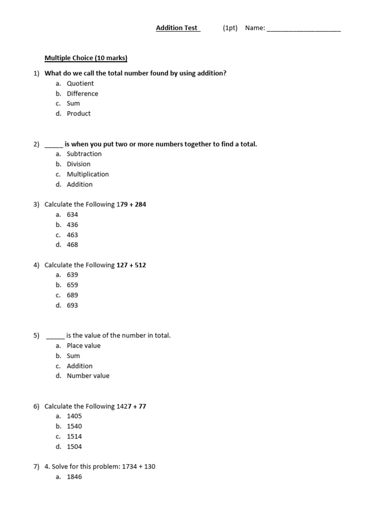 Addition Test | PDF | Numbers | Mathematics