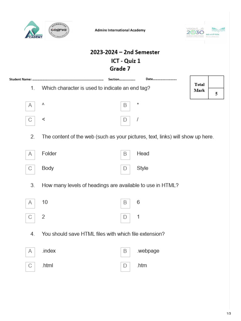 Html Quiz Pdf Html Element Html 