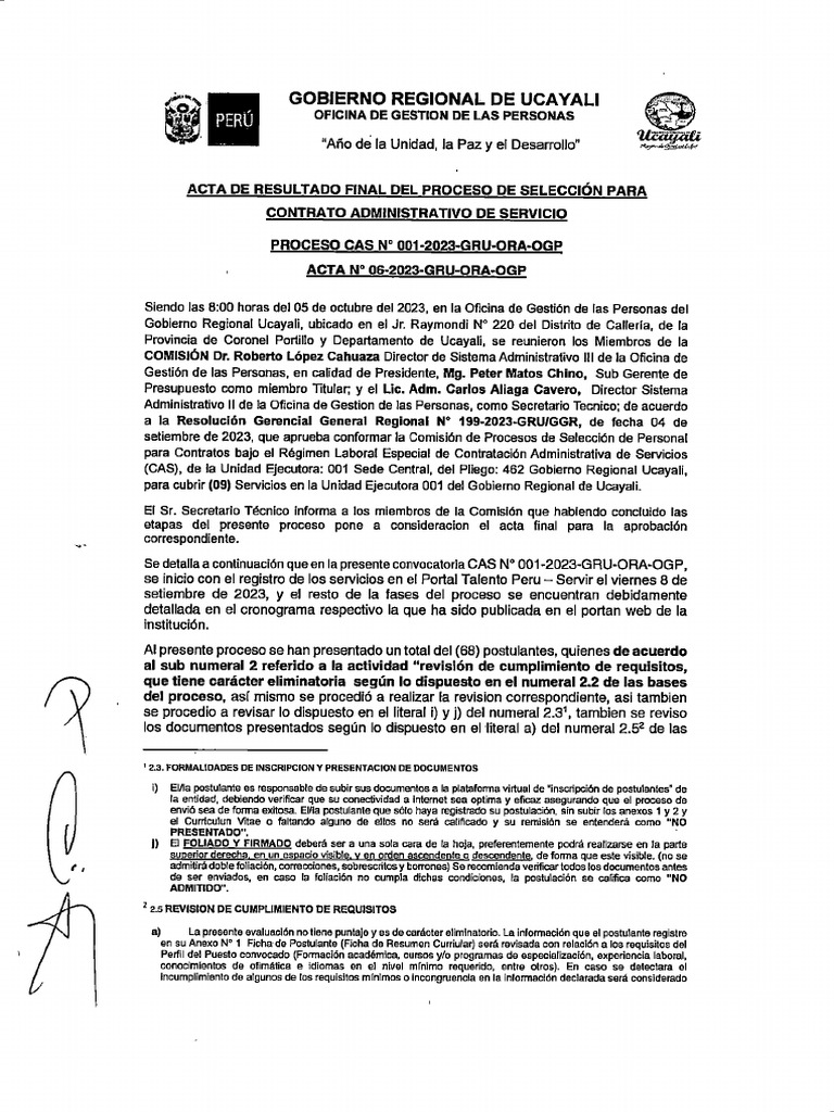 Acta de Resultado Final Cas 001-2023 | PDF