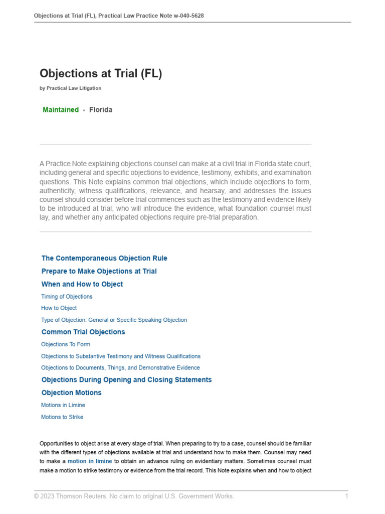 Florida Trial Objections Explained | PDF | Evidence (Law) | Testimony