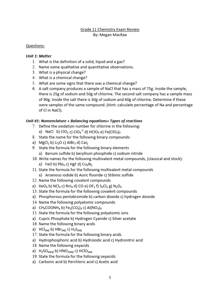 Grade 11 Chemistry Exam Prep | PDF | Acid | Mole (Unit)