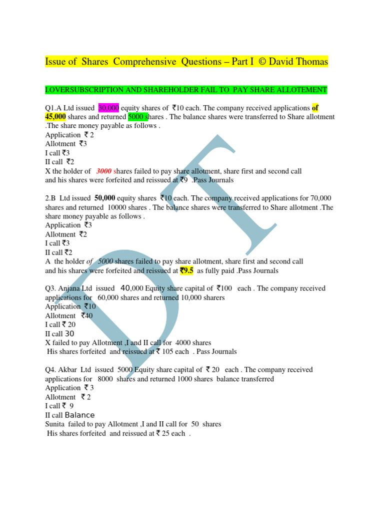 Issue of Shares Comprehensive Questions - Part I | PDF | Equity ...